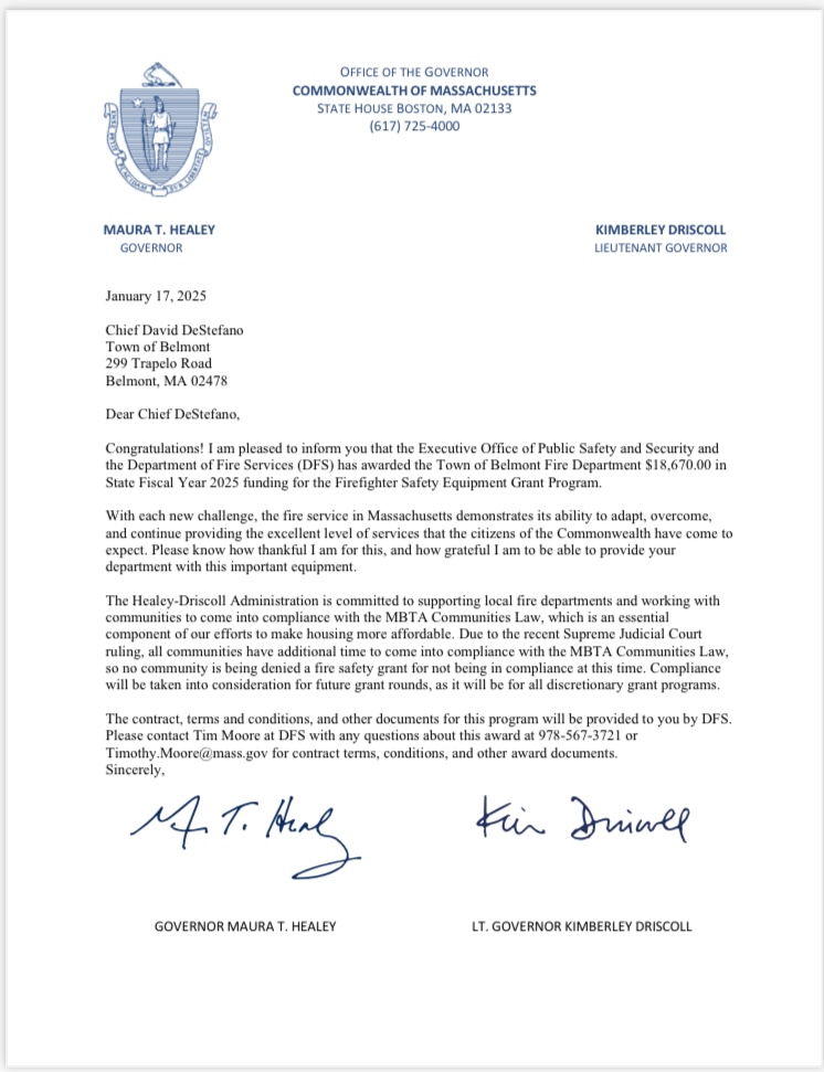 FIREFIGHTER SAFETY GRANT AWARDED – Belmont Fire Department